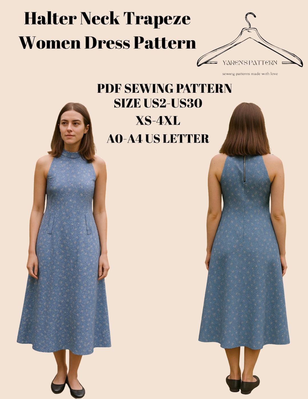 Halter Neck, Midi Dress Sewing Pattern: Trapeze Style (digital Download ...