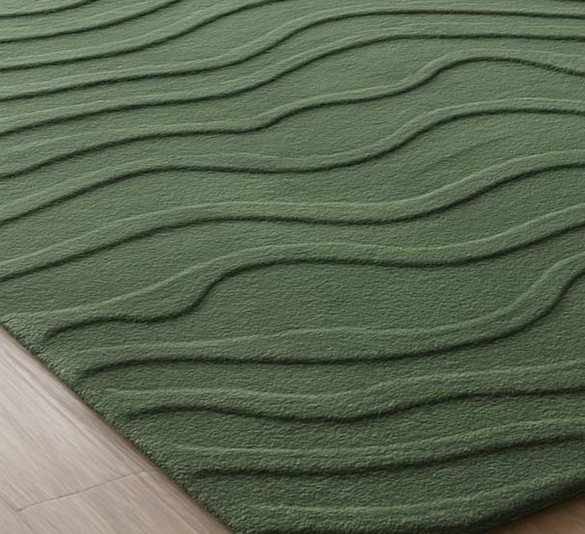 High-low Pile Olive Green Handmade Wave Texture Tufted Rug |modern ...