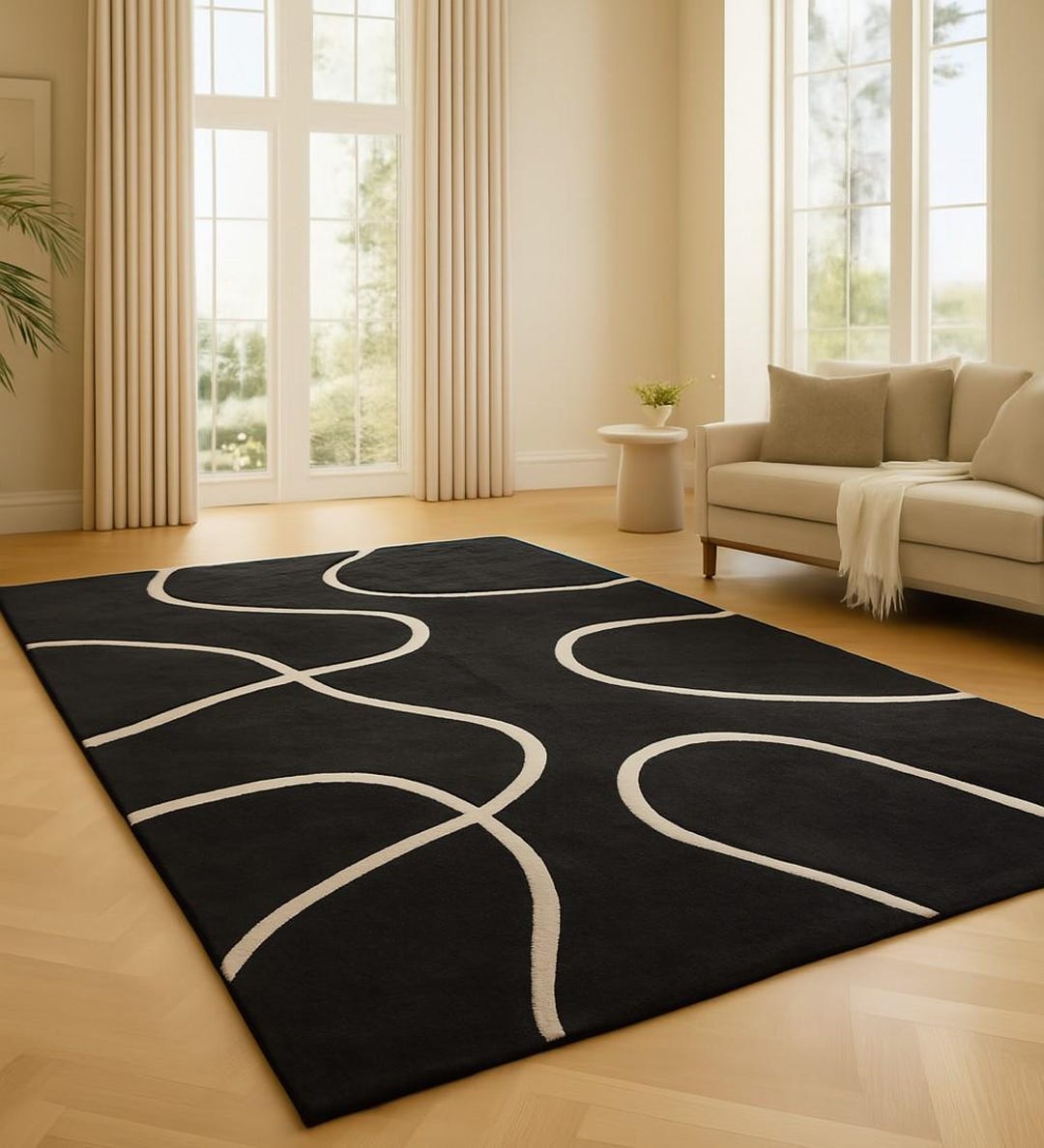 Modern Black Area Rug With White Curved Line – Minimalist Abstract ...