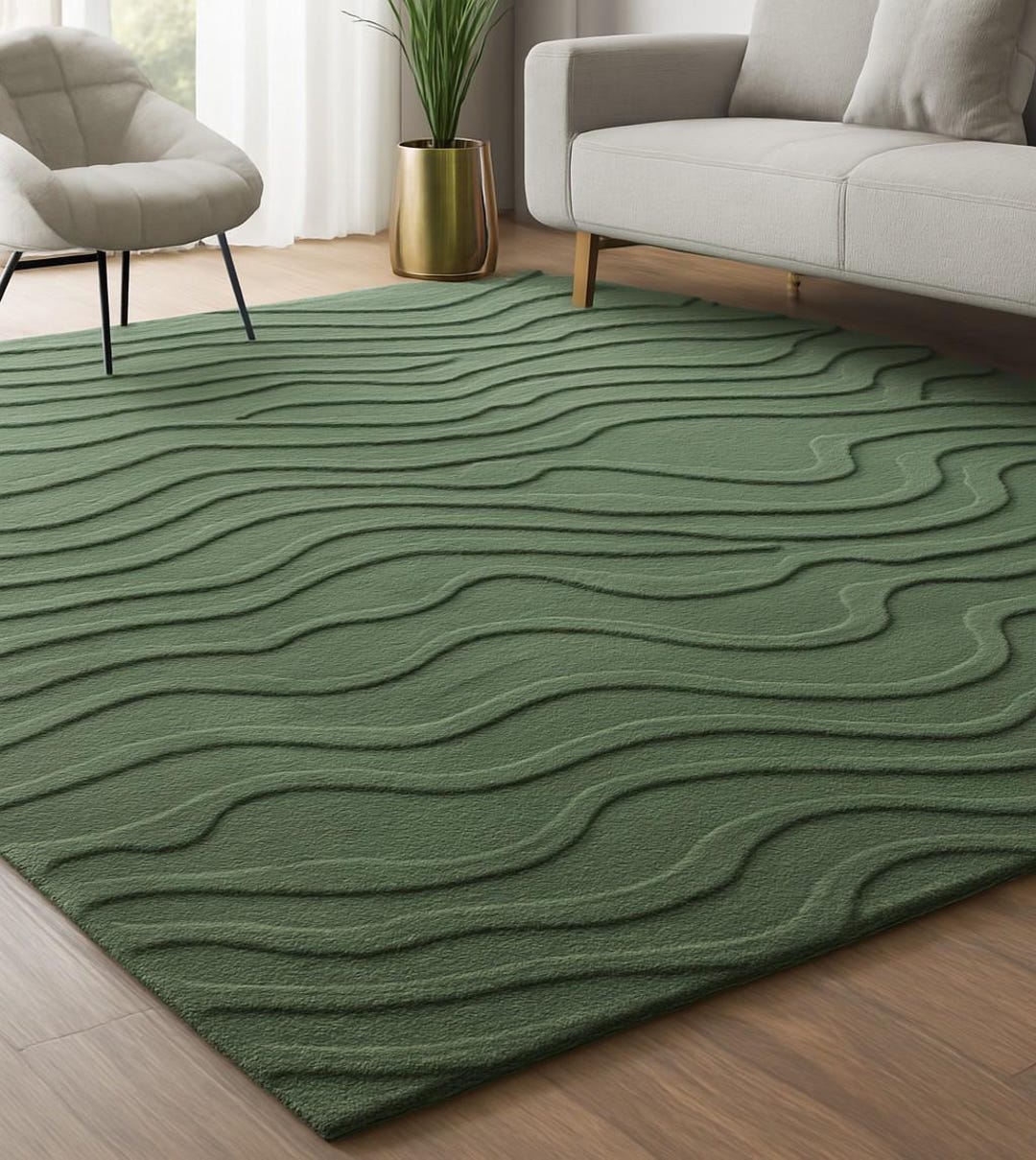 High-low Pile Olive Green Handmade Wave Texture Tufted Rug |modern ...