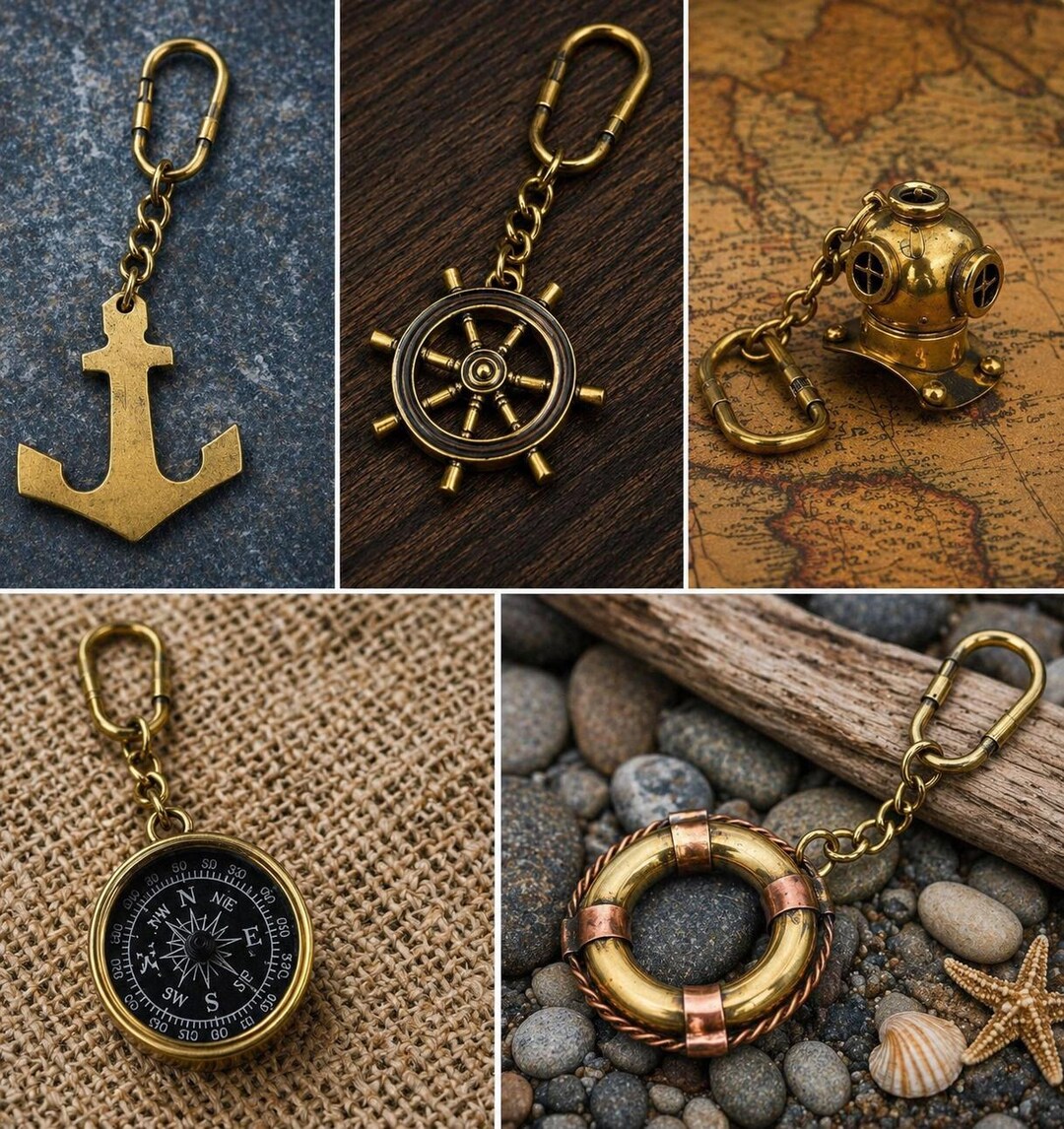 Brass Nautical Keyrings – Compass, Anchor, Ship Wheel, Vintage Brass ...