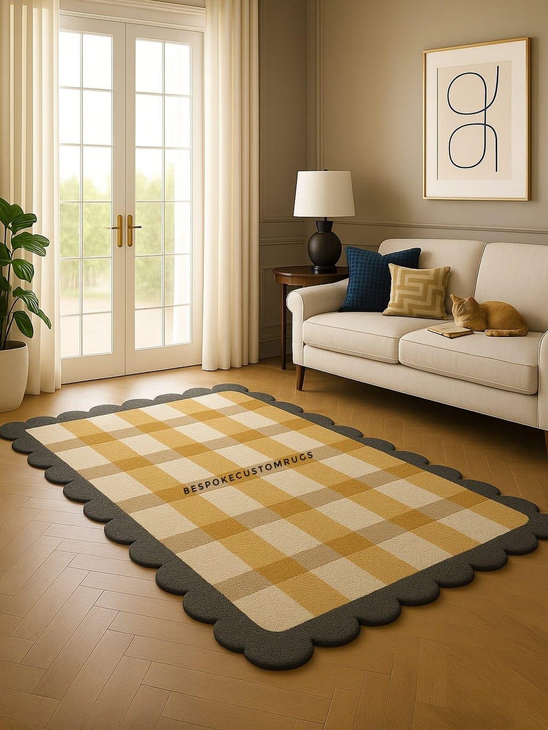 Modern Plaid Area Rug: Yellow, Gray, Cream Checkered Rug With Scalloped ...