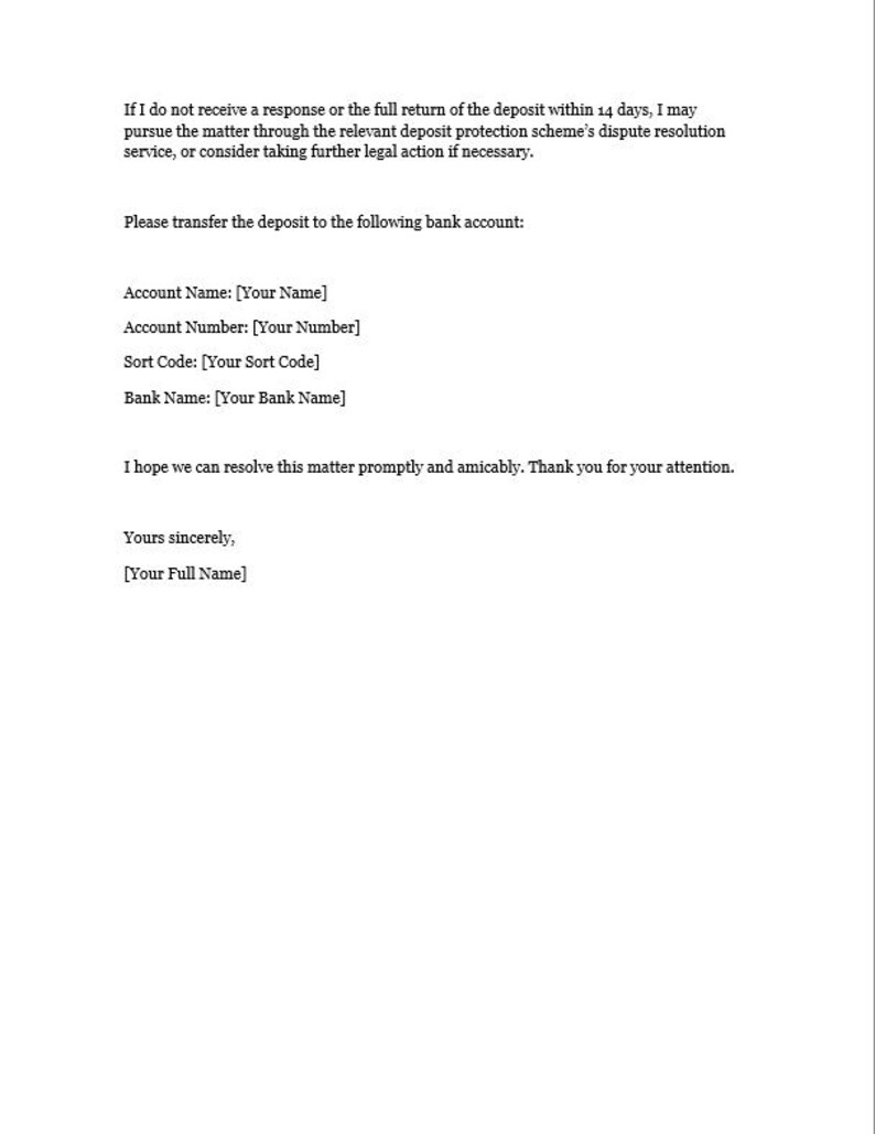 UK Tenancy Deposit Refund Letter Template | Editable Word Document for ...