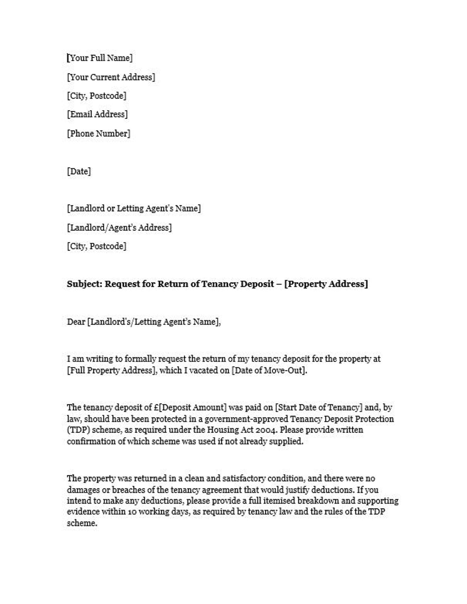 UK Tenancy Deposit Refund Letter Template | Editable Word Document for ...