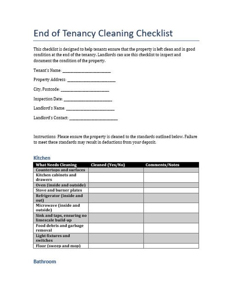 End of Tenancy Cleaning Checklist | Printable Property Cleanliness Form ...