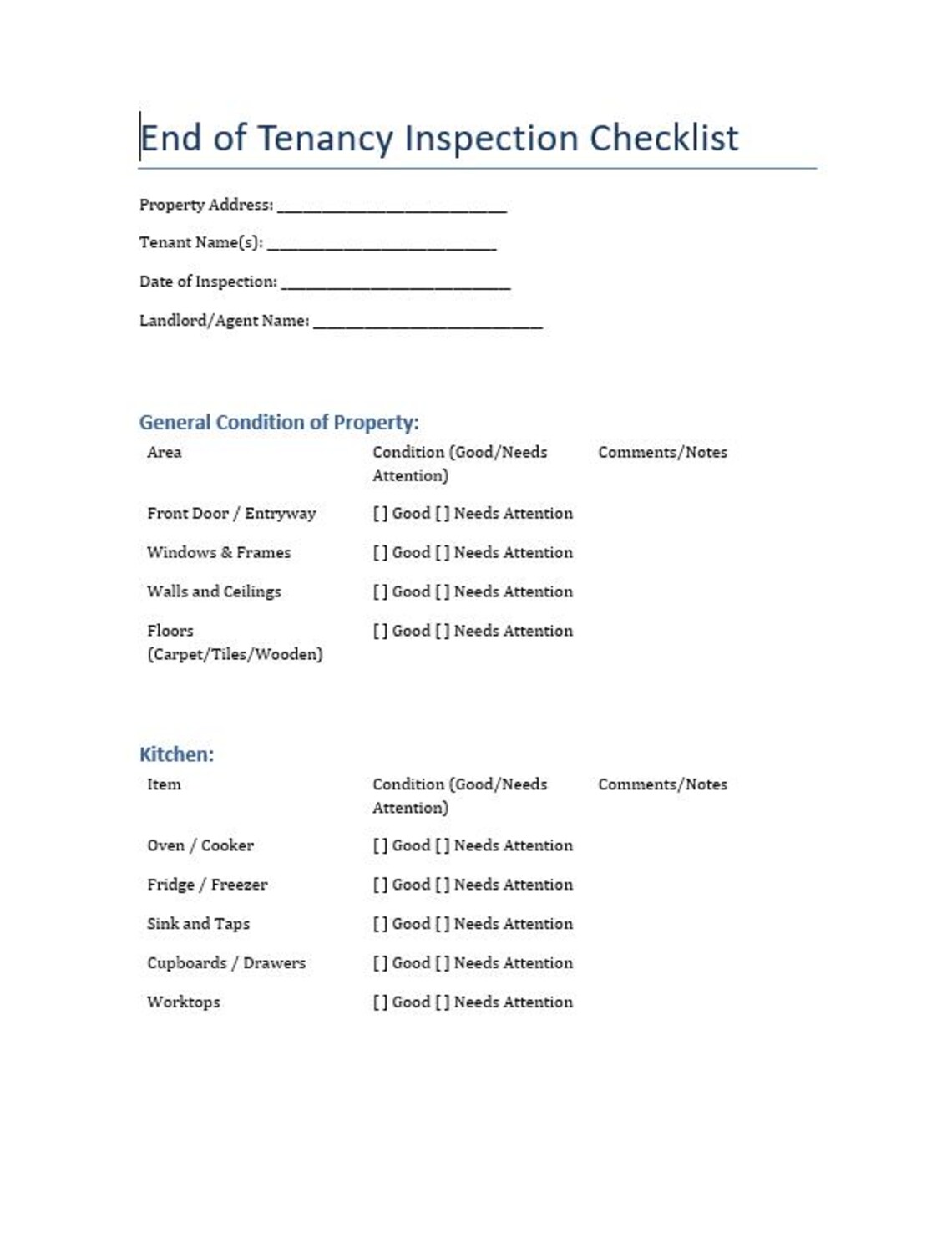 End of Tenancy Inspection Checklist for Landlords & Tenants | Printable ...
