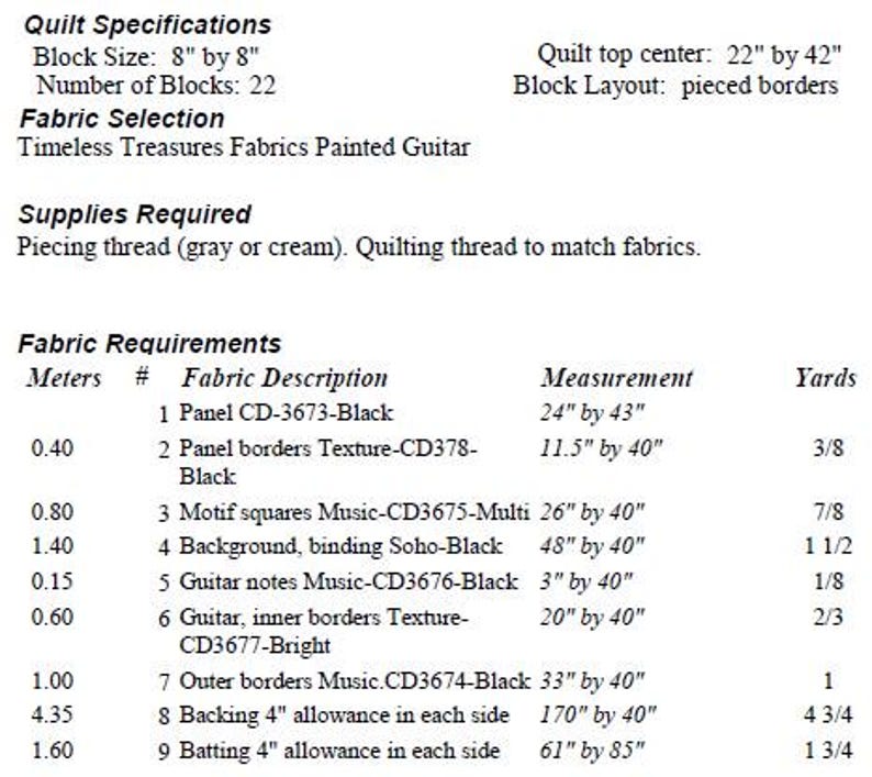 Painted Guitar Quilt Pattern, 6022-1, Digital Pattern, Panel Guitar Lap ...