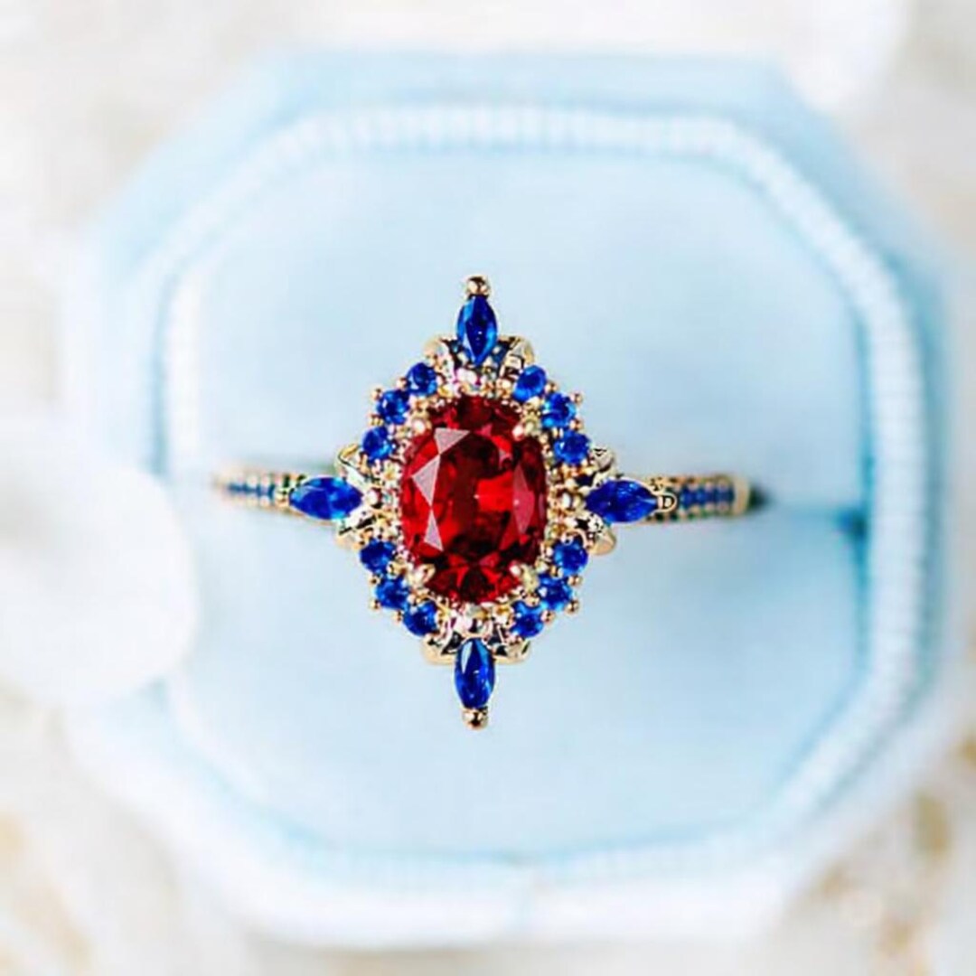 3ct Halo Oval Cut Red Garnet Blue Sapphire Engagement Ring Vintage ...