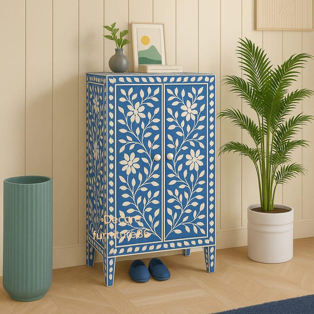 Bone Inlay Shoe Cabinet | Handmade Blue Storage Cabinet With Doors - Etsy