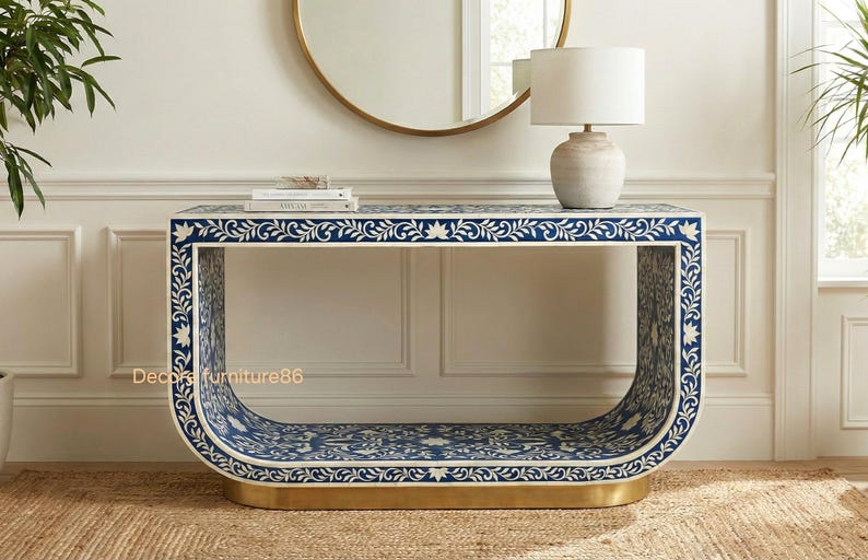 New Handmade Blue & White Bone Inlay Curved Console Table Waterfall ...