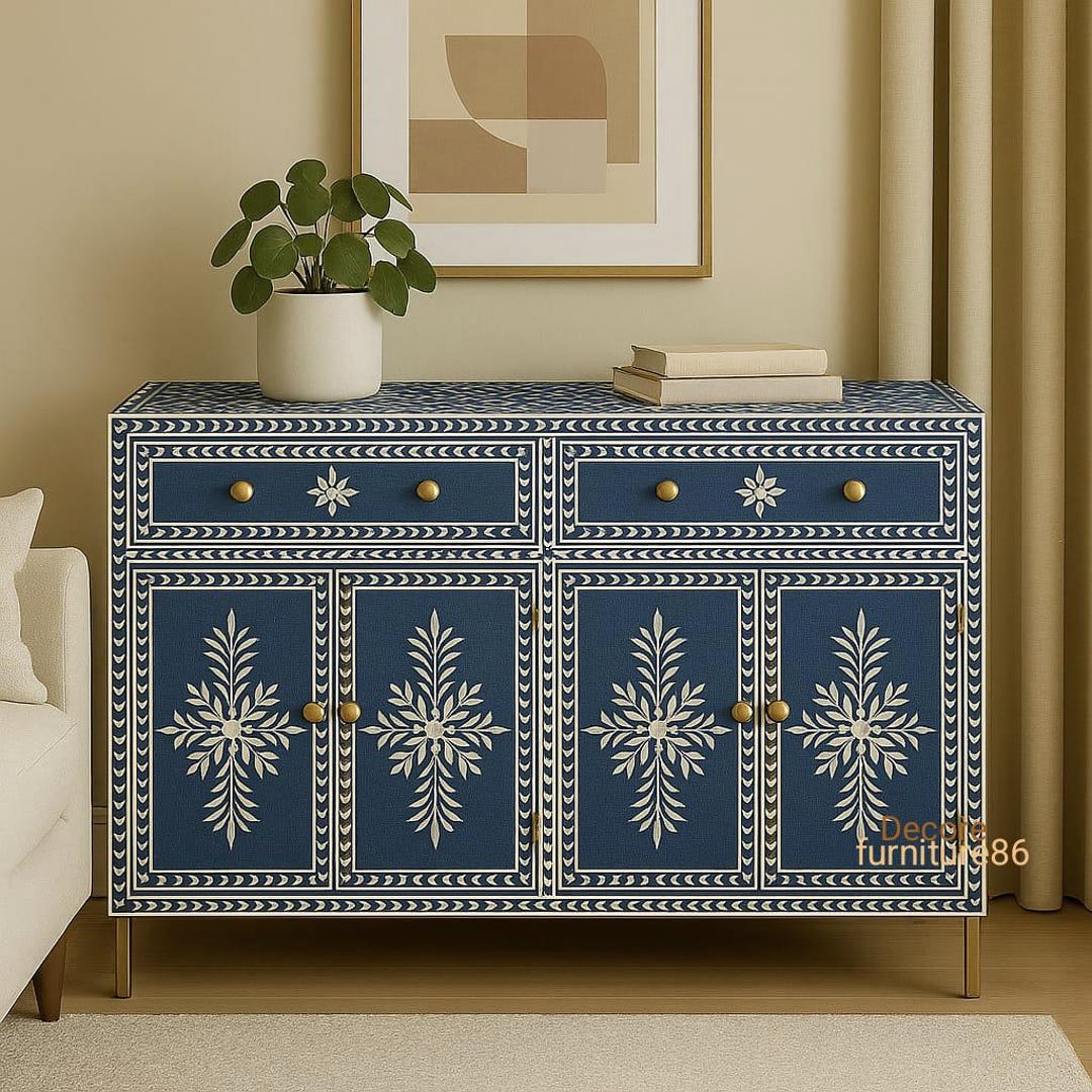 New Handmade Bone Inlay Cabinet Blue White Sideboard With Door Drawers ...