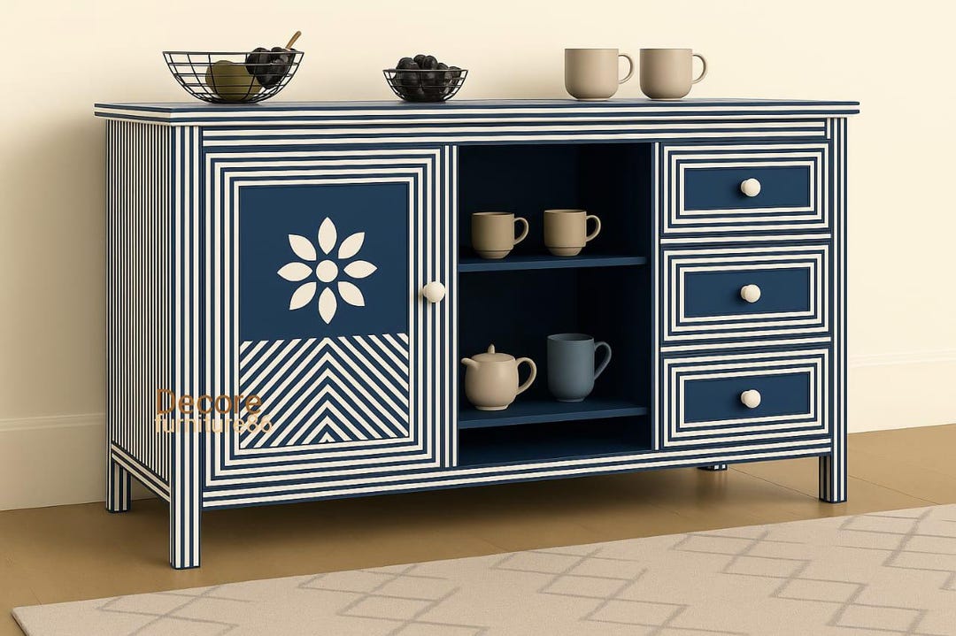 Handmade Bone Inlay Cabinet Blue White Sideboard With Door Drawers ...