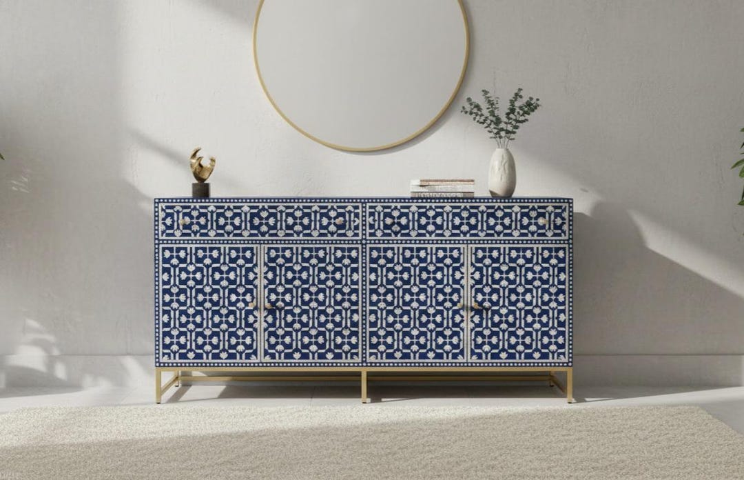 New Handmade Bone Inlay Cabinet Blue White Sideboard With Door Drawers ...