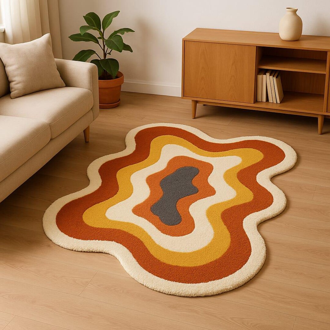 Retro Wavy Wool Rug: Groovy Abstract Tufted Carpet - Etsy