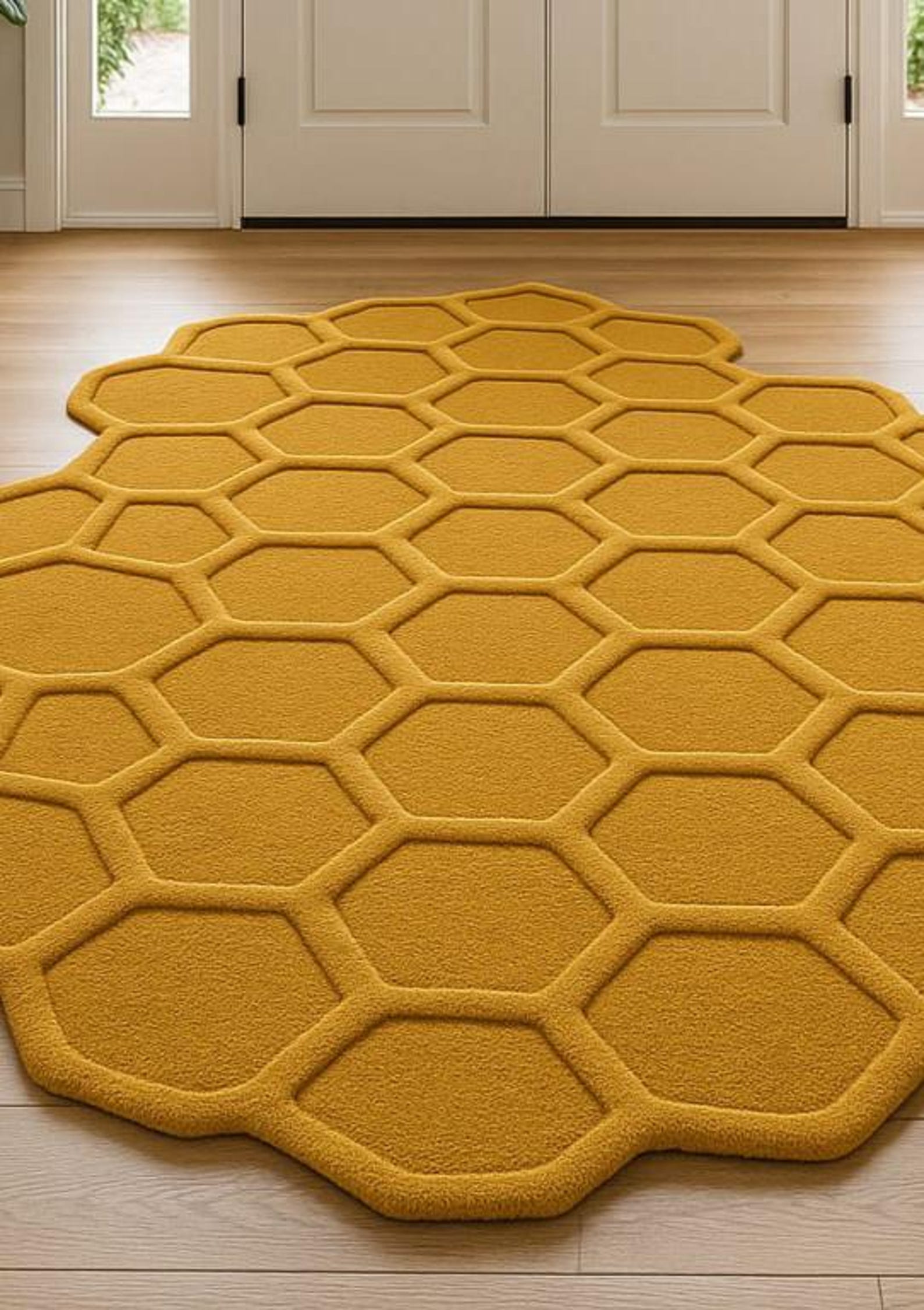 Handmade Honeycomb Tufted High and Low Pile Rug – Unique Yellow Wool ...