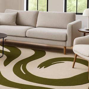Modern Olive Green Abstract Wave Rug, Hand Tufted Wool Carpet for ...