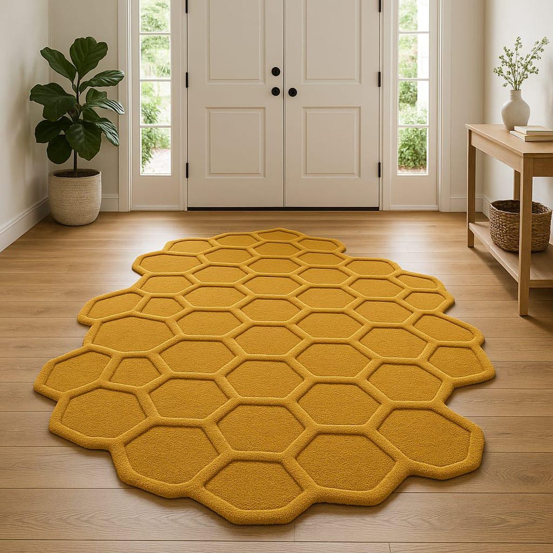 Handmade Honeycomb Tufted High and Low Pile Rug – Unique Yellow Wool ...