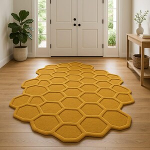 Handmade Honeycomb Tufted High and Low Pile Rug – Unique Yellow Wool ...