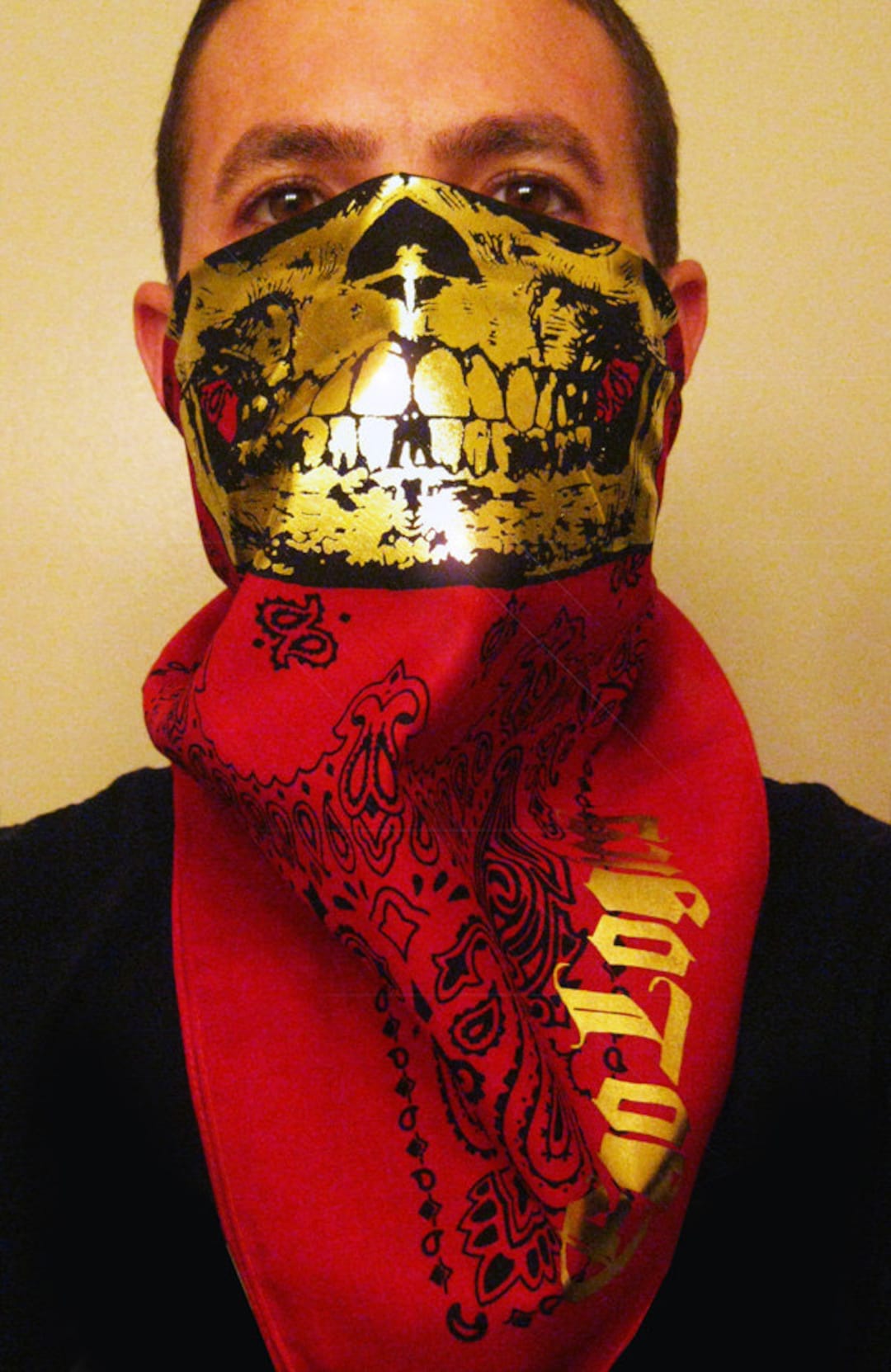 Solid Gold Skull on Dark Red and Black Paisley Bandana Half Mask Bandit ...
