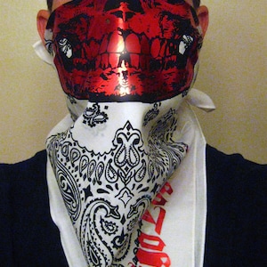 RED Chrome Metallic Skull on White and Black Paisley Bandit Mask ...