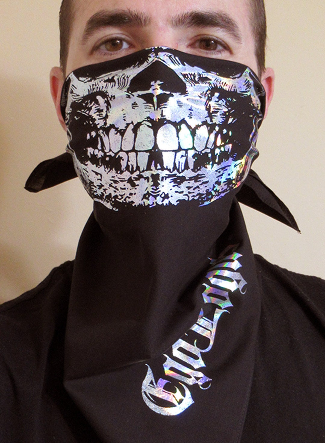 Holographic Chrome Silver Skull Face Black Bandana Half Psychedelic ...