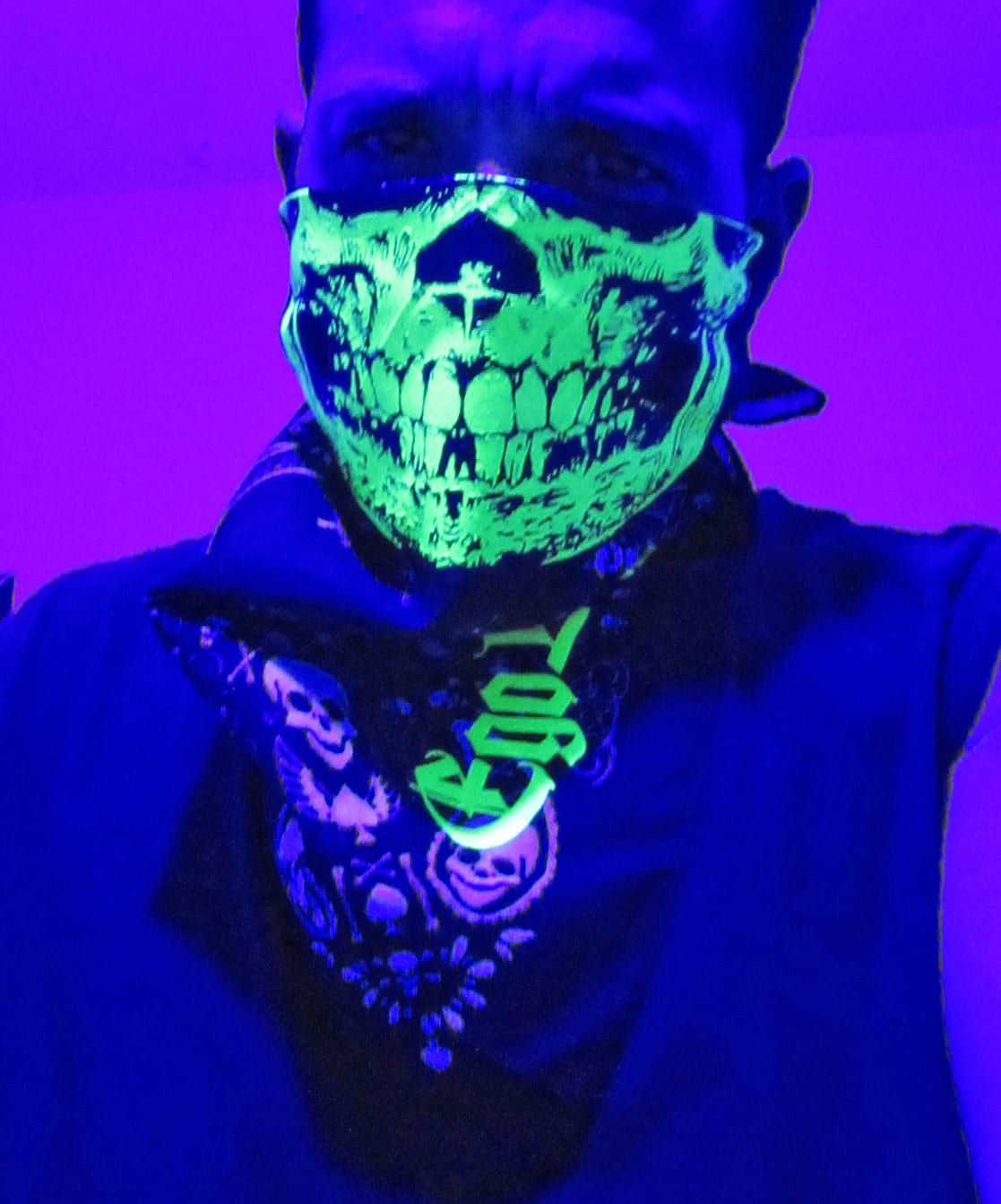 NIGHTRAVER Neon Safety Yellow Black Light UV Reactive Skull on Black ...