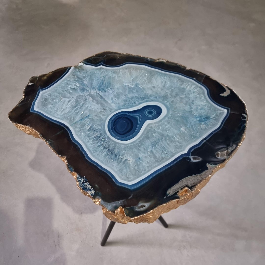 Blue Agate Side Table With Gold Plating | Black Iron Tripod Base ...