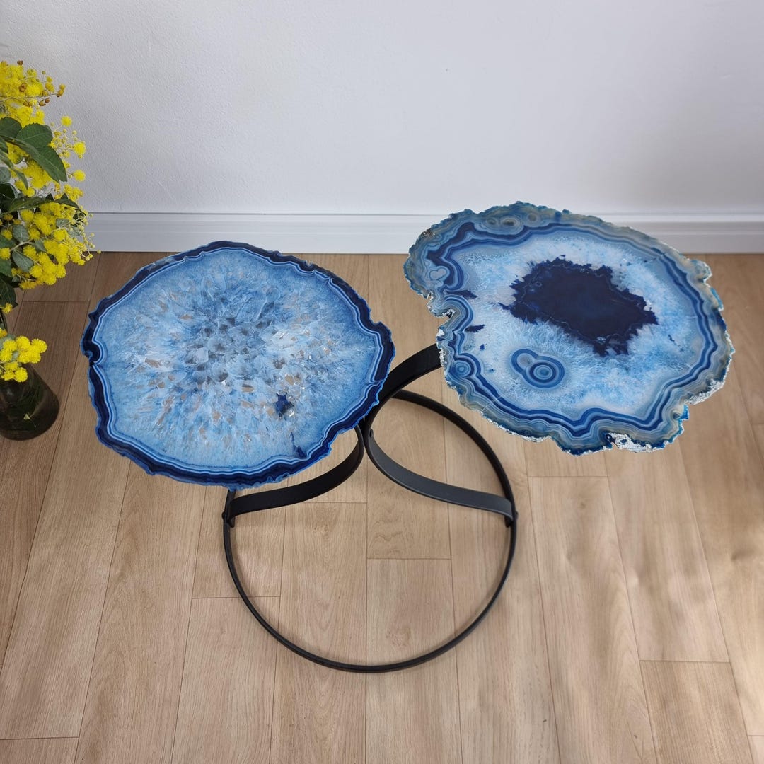 Side Table (PAIR) of Natural Blue Agates | Black Iron Base | Height of ...