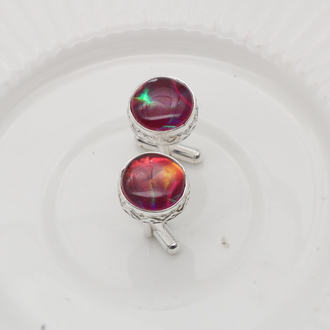 Sterling Silver Cufflinks: Fiery Opal Doublet Gemstone, Men's Formal ...