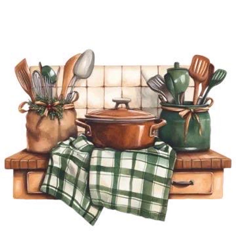 Watercolor Kitchen Prints Set: Olive Oil, Herbs, Utensils (digital ...