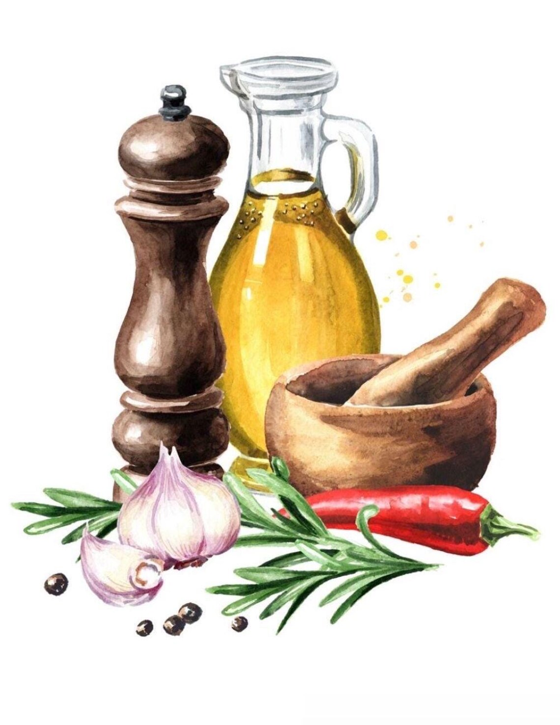 Watercolor Kitchen Prints Set: Olive Oil, Herbs, Utensils (digital ...