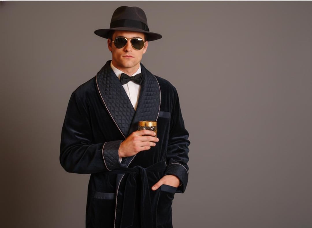 Navy Blue Velvet Smoking Jacket - Quilted Satin Lapel & Cuffs - Men’s ...