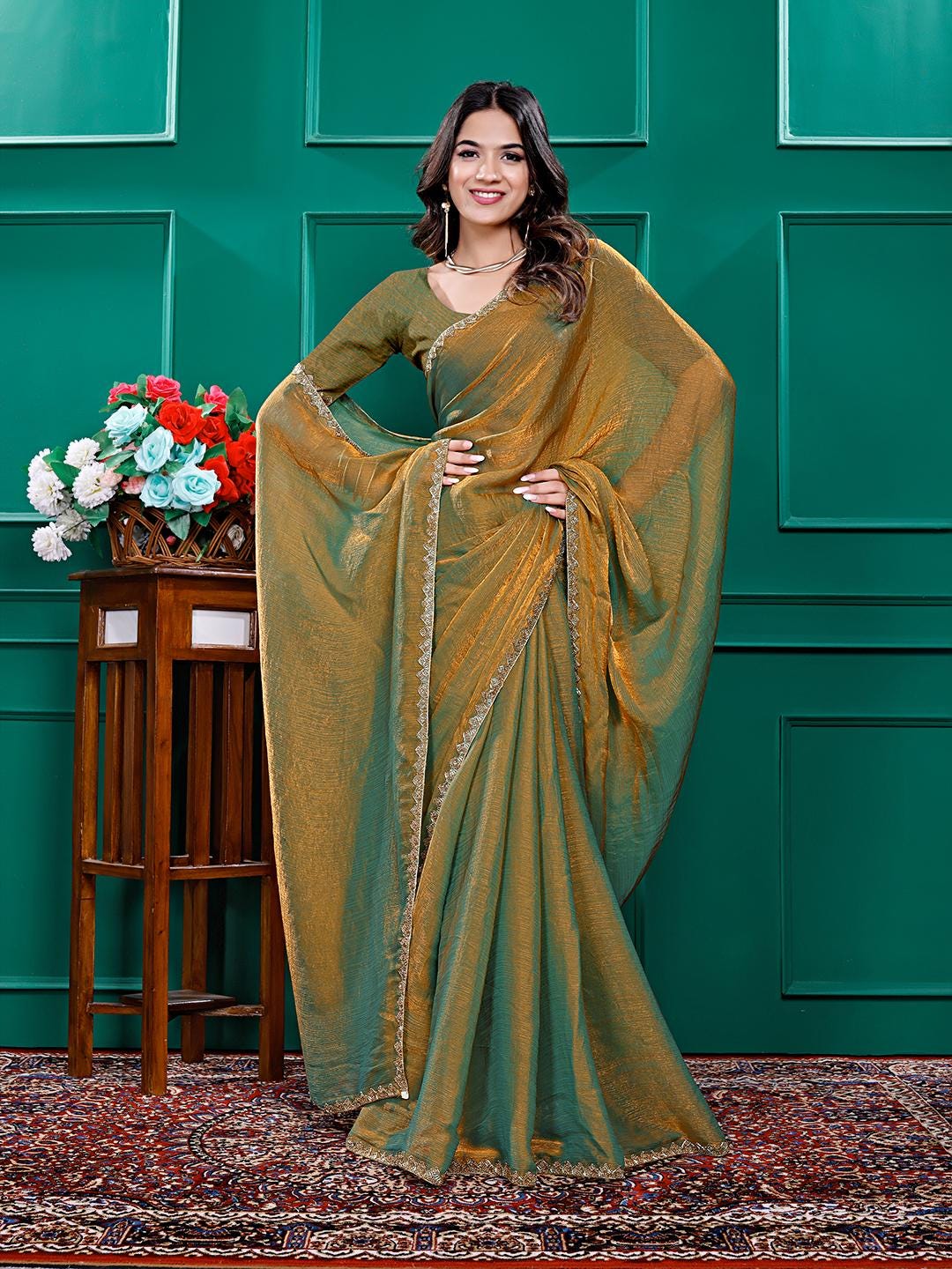 Gold & Rama Two-tone Soft Fancy Chiffon Silk Saree - Etsy
