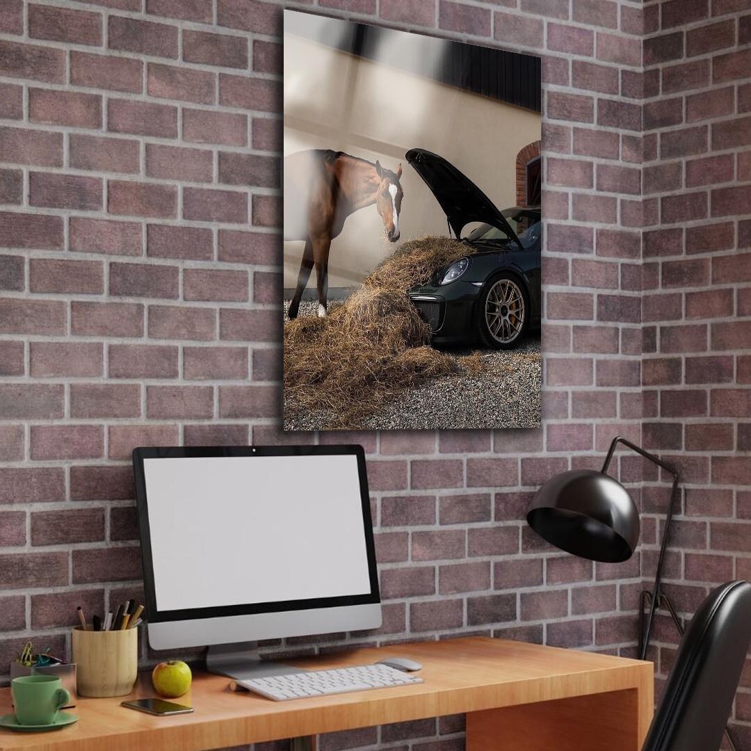 Horse Eating Hay Tempered Glass Wall Art, Horse and Porsche Stanied ...