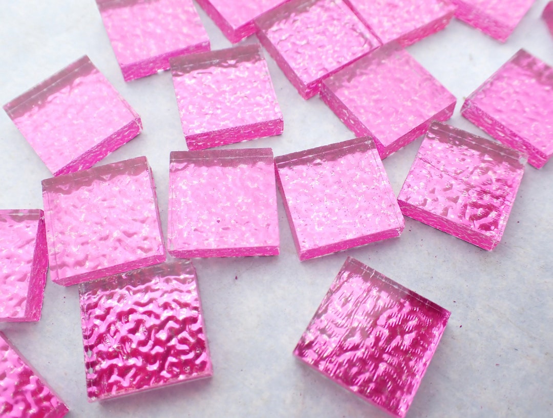 Fuchsia Textured Mirror Square Tiles - 50g - Approx 25 Glass Mosaic ...