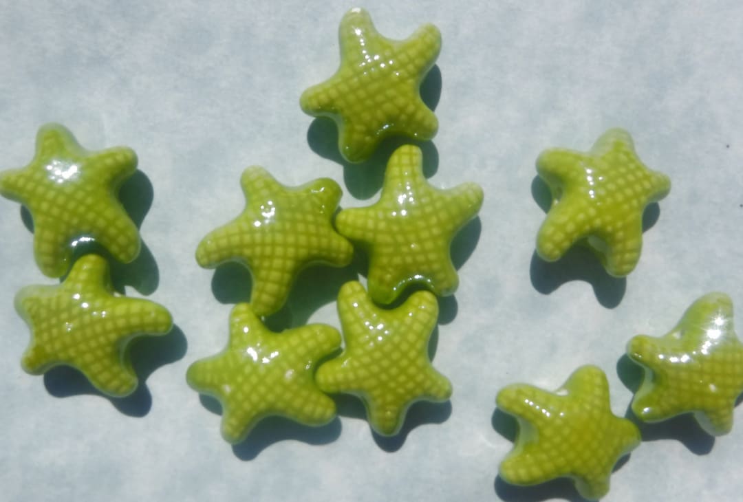 Chartreuse Starfish Beads Ceramic Mosaic Tiles 10 Puffy Green Sea Star ...