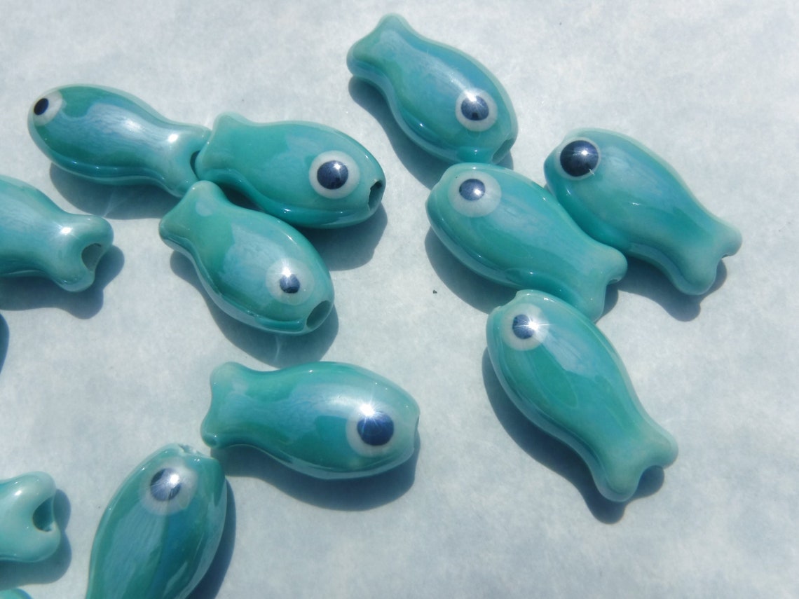 Aqua Fish Beads Ceramic Mosaic Tiles Teal Small Fish Beads - Etsy