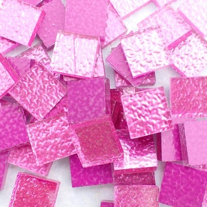 Fuchsia Textured Mirror Square Tiles - 50g - Approx 25 Glass Mosaic ...