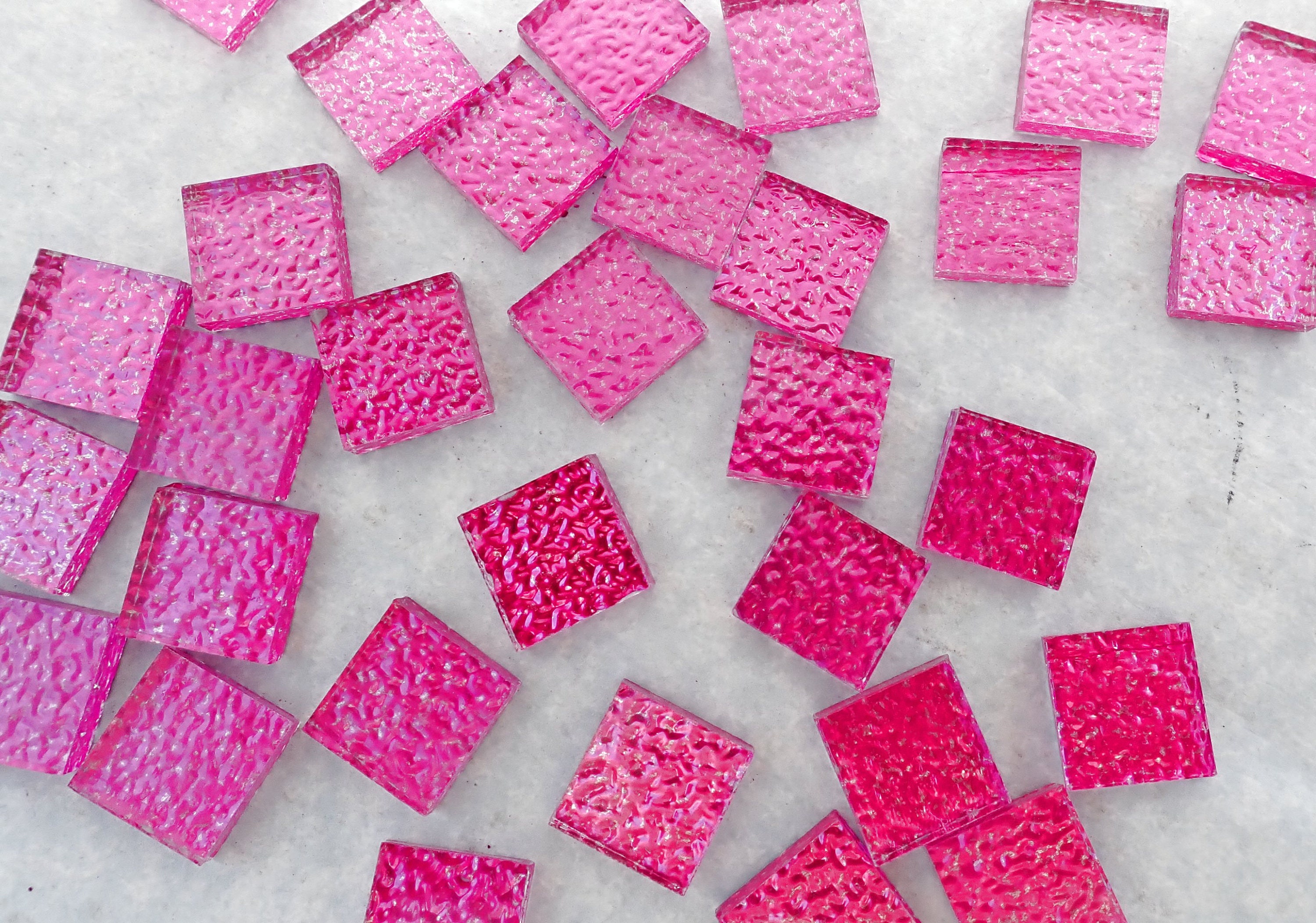 Fuchsia Textured Mirror Square Tiles - 50g - Approx 25 Glass Mosaic ...