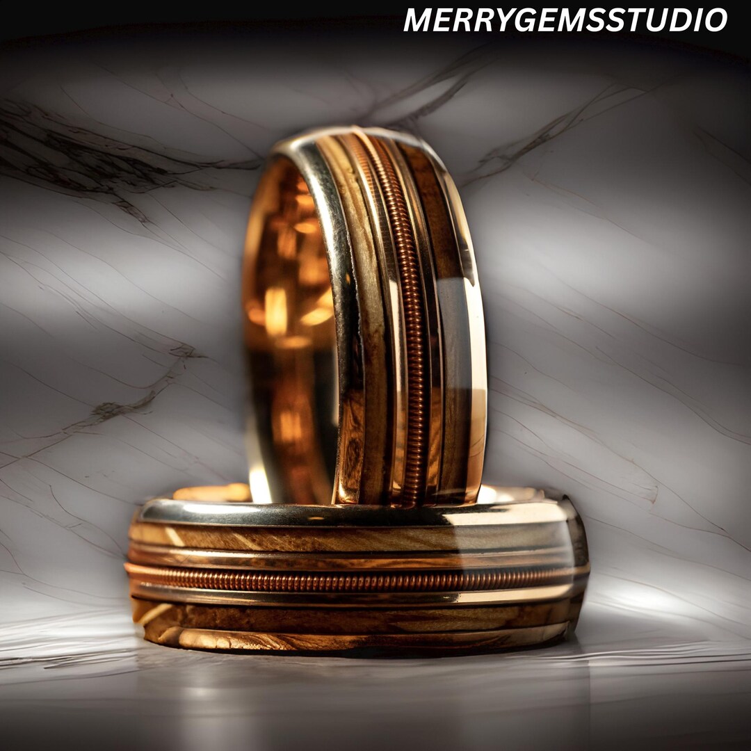 Tungsten Ring 8mm | Whiskey Barrel Wood & Guitar String Inlay Unisex ...