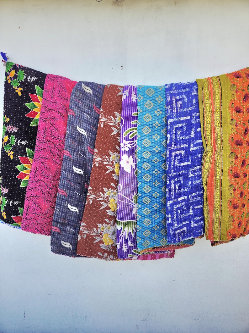 Vintage Sari Kantha Cotton Quilt - Boho Bedspread Throw - Recycled ...