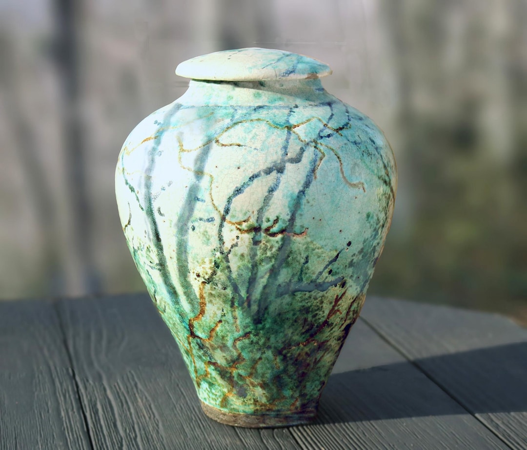 Memorial Urn, Handmade Pottery, Crematory Jar, Raku Center Piece, Wheel ...