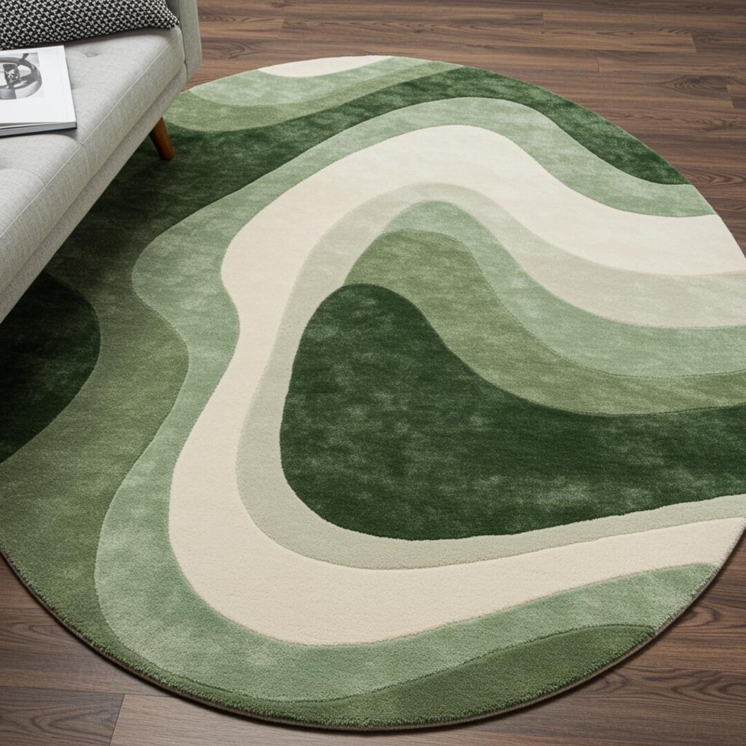 Green Wave Round Rug 5X5 6X6 7X7 8X8 Modern Abstract Area Rug, Handmade ...