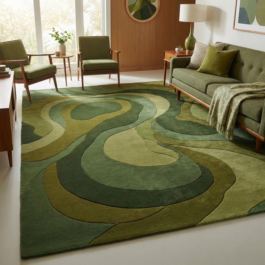 Green Abstract Area Rug 5X8 7X10 8X10 Organic Wave Rug, Modern Handmade ...