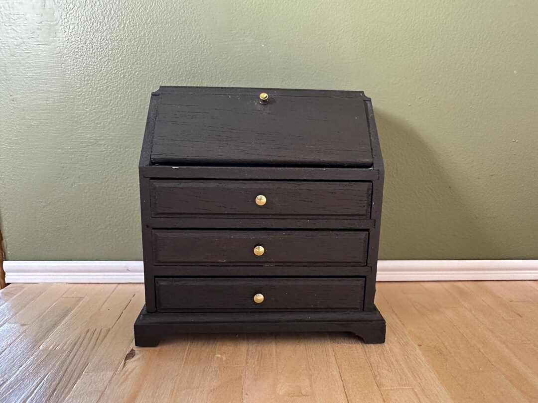 Miniature Black Front-closing Desk With Blue Floral Interior Drawers ...
