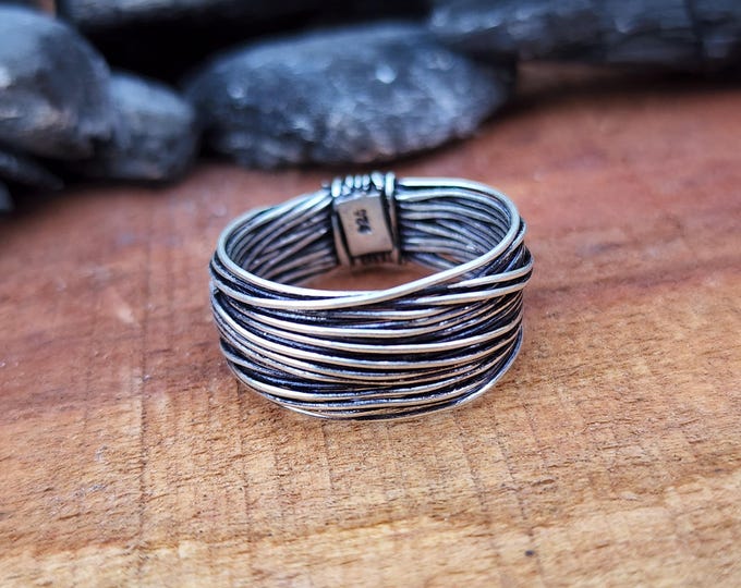 Unisex Adjustable Wrap Sterling Silver Ring Mens Rustic Oxidized Silver ...
