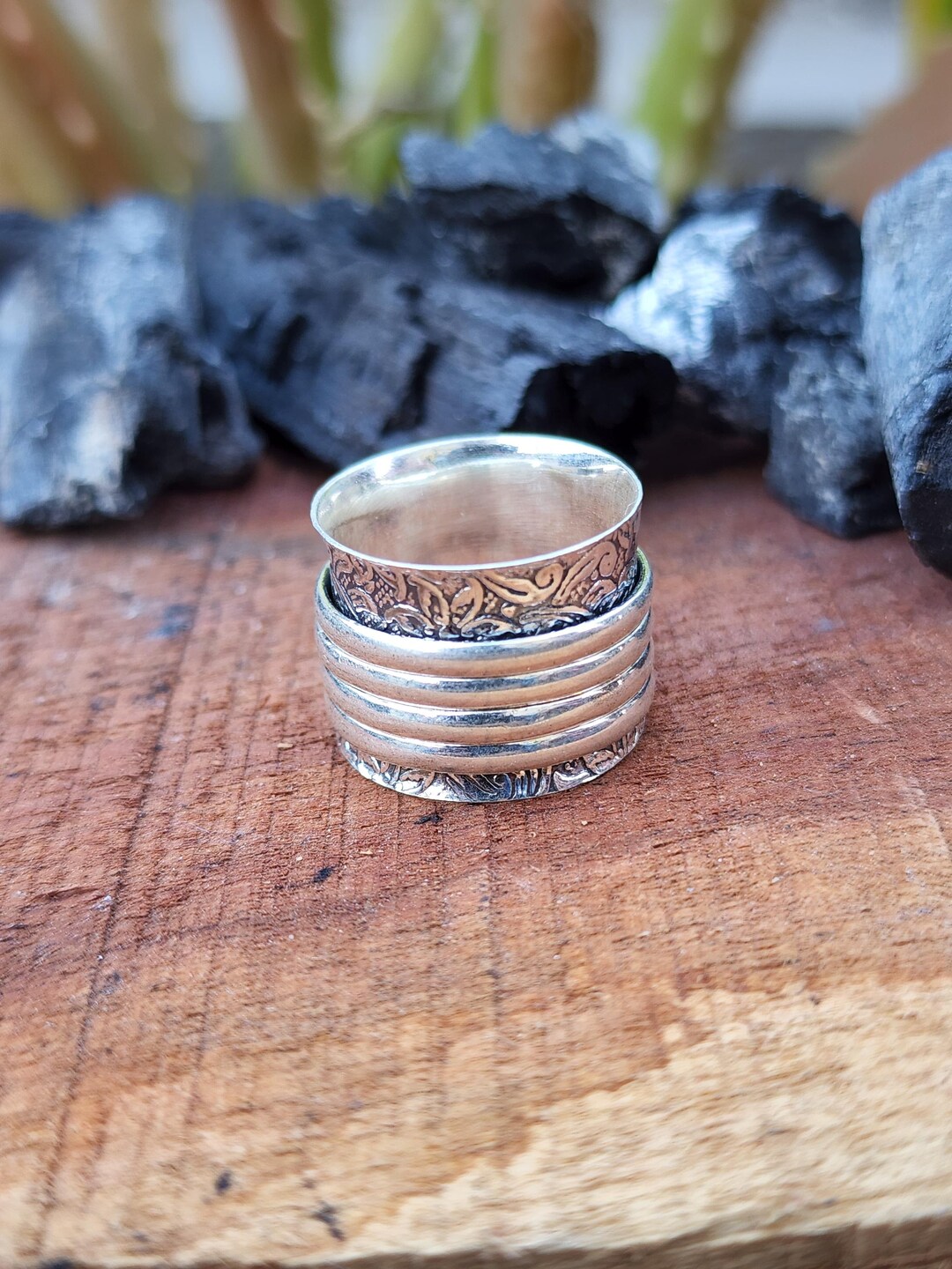 Sterling Silver Spinner Ring – Engraved Floral Band, Fidget Jewelry - Etsy