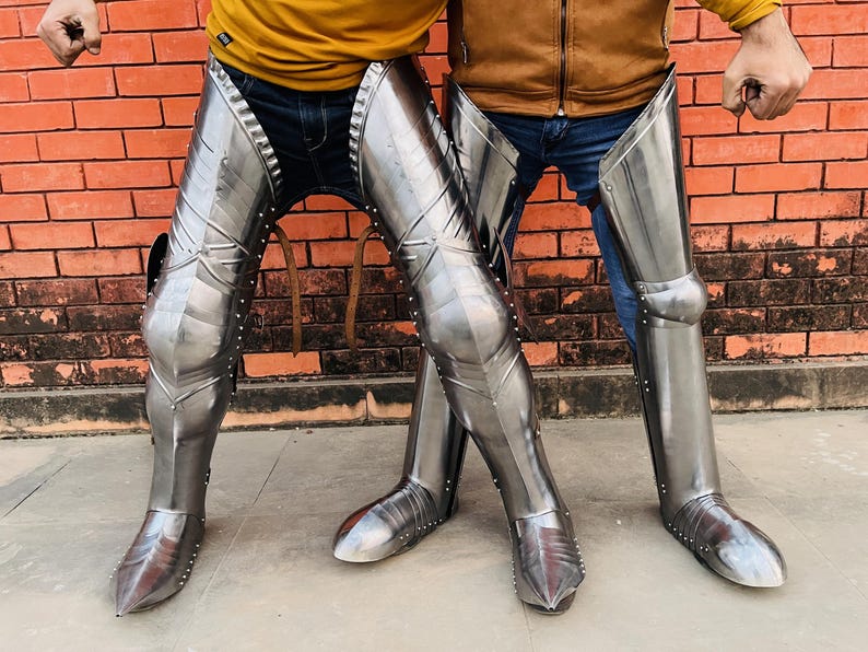 Silver Steel Leg Armor Set – Medieval Knight Greaves & Sabatons ...