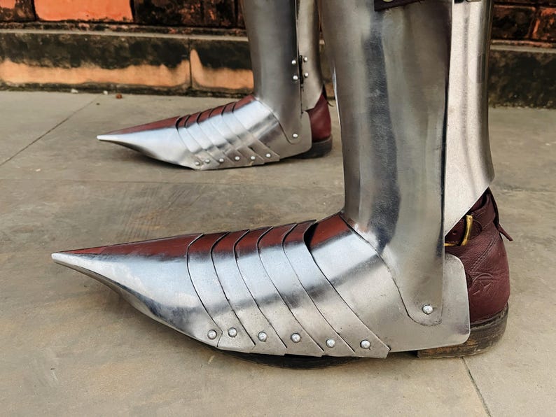 Silver Steel Leg Armor Set – Medieval Knight Greaves & Sabatons ...