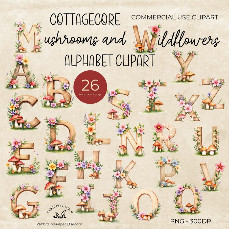 Cottagecore Alphabet PNG Mushroom Letter Clipart Digital Woodland Art ...